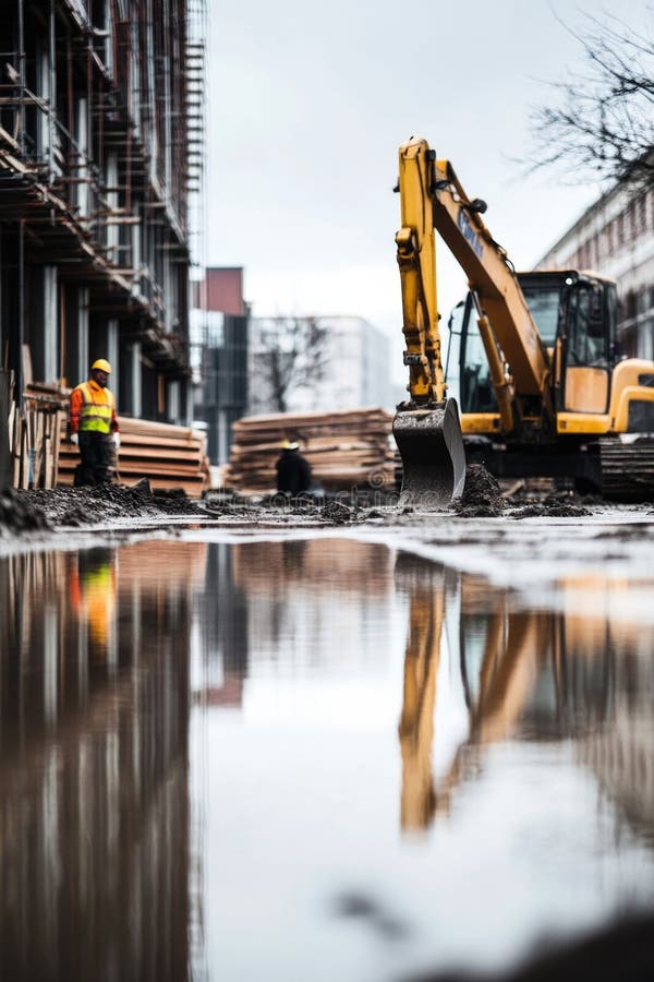 Urban Construction Site with Yellow Excavator and Workers on Rainy Day ...