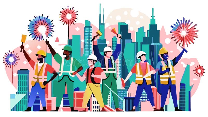 Urban Construction Workers Celebrating with Fireworks in Cityscape ...