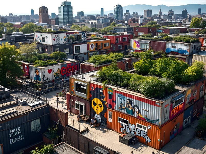 Urban Container Housing with Green Rooftops and Graffiti Art Stock Illustration - Illustration ...