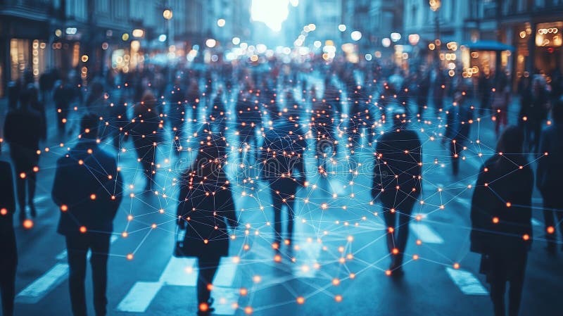 Urban Crowd Interconnected by Digital Network Stock Illustration ...
