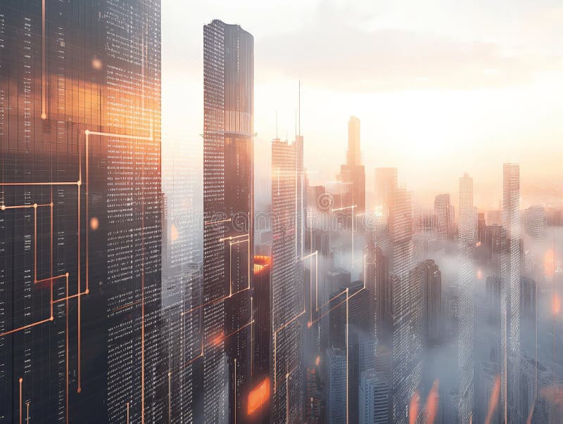 Urban Data Surge at Sunrise Stock Photo - Image of light, information ...