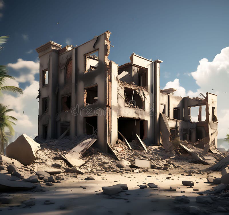 Urban Decay: 3D Render of a Destroyed Building Against a Solid ...