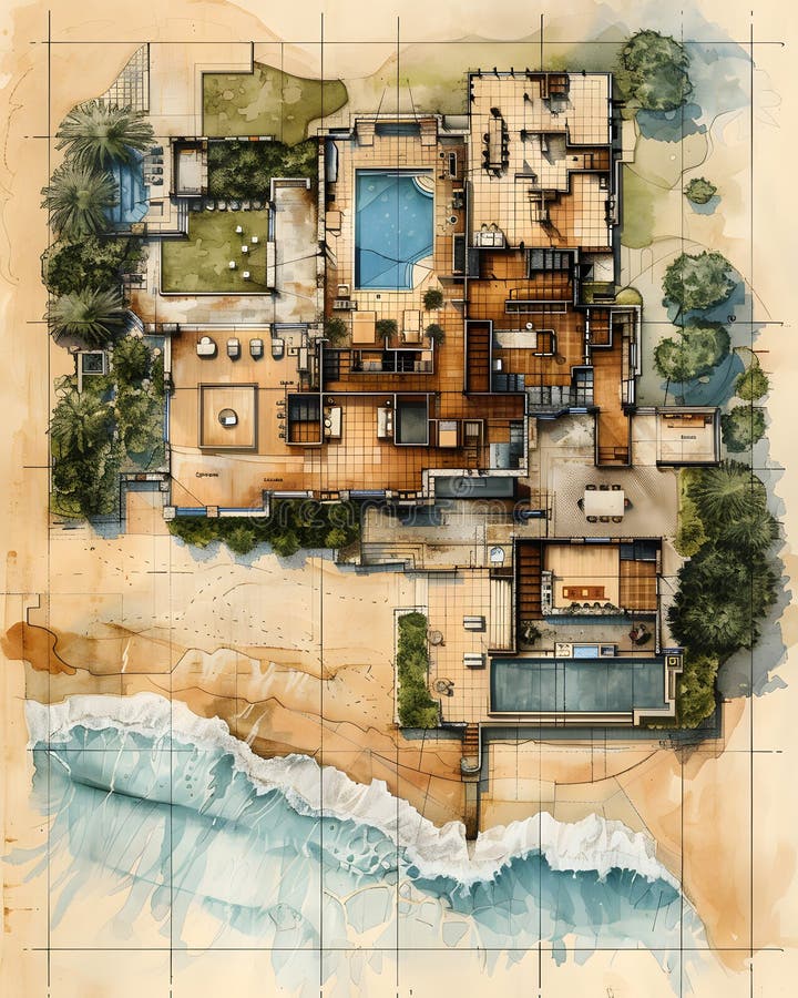 An Urban Design Painting of a Beachfront House in a Rectangle Format ...