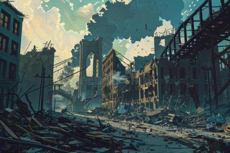 Urban Destruction Scene with Debris and Ruins Stock Image - Image of ...