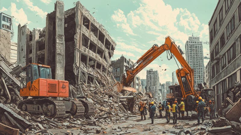 Urban Disaster Scene with Collapsed Building and Rescue Operations in ...