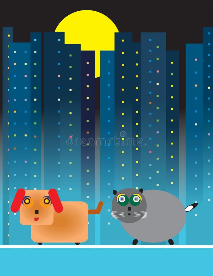 Urban Dog and Cat stock vector. Illustration of moon, building - 2581546
