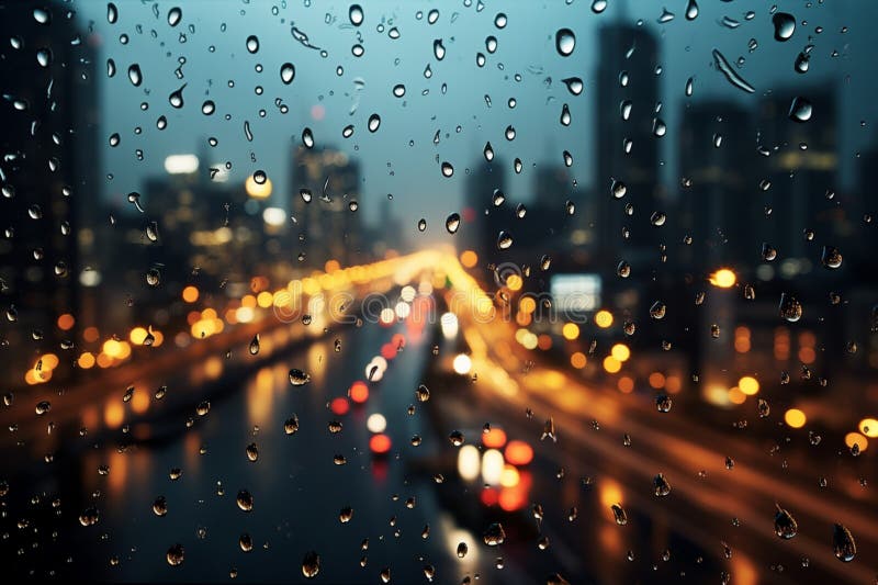 Urban Drizzle Raindrops Adorn Window with Lively City Backdrop Stock ...