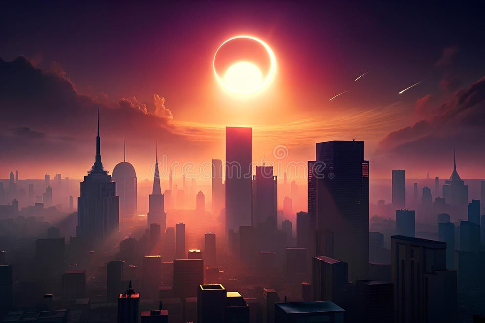 Urban Eclipse: Spectacular Cityscape with Partial Solar Eclipse Stock ...