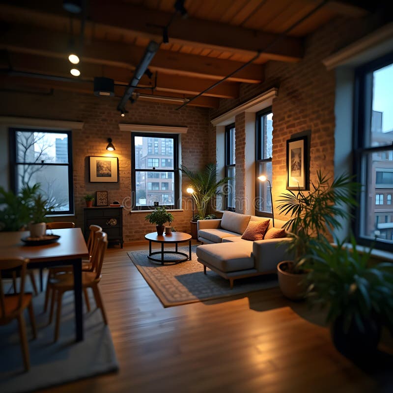 Urban Elegance Moody Glow in Modern Loft Interior Stock Illustration ...