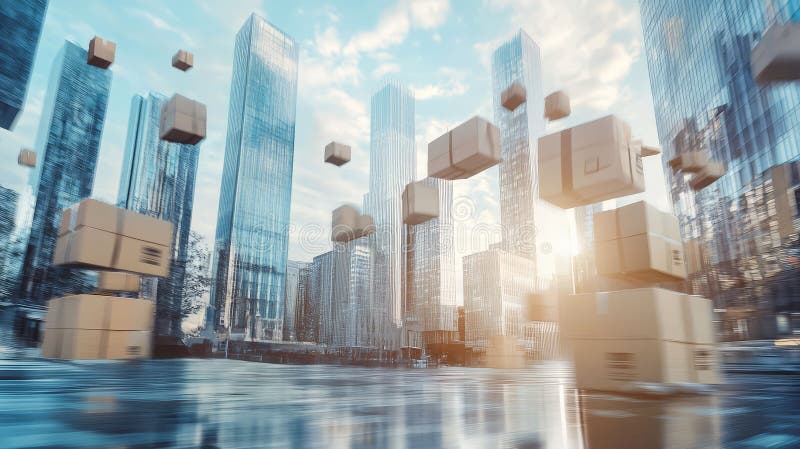 Urban Environment with Floating Packages and Skyscrapers, Showcasing ... Urban Environment with Floating Packages and Skyscrapers, Showcasing ...