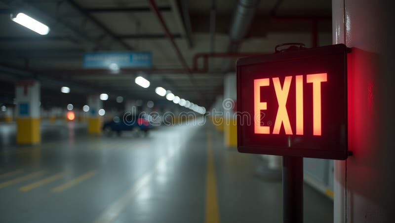 Urban Escape EXIT Sign in Underground Parking Lot Stock Illustration ...