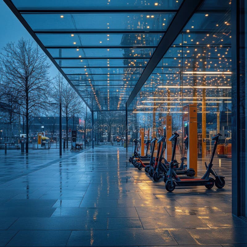 Urban Evening Scene with Light Reflections and Electric Scooters Stock ...