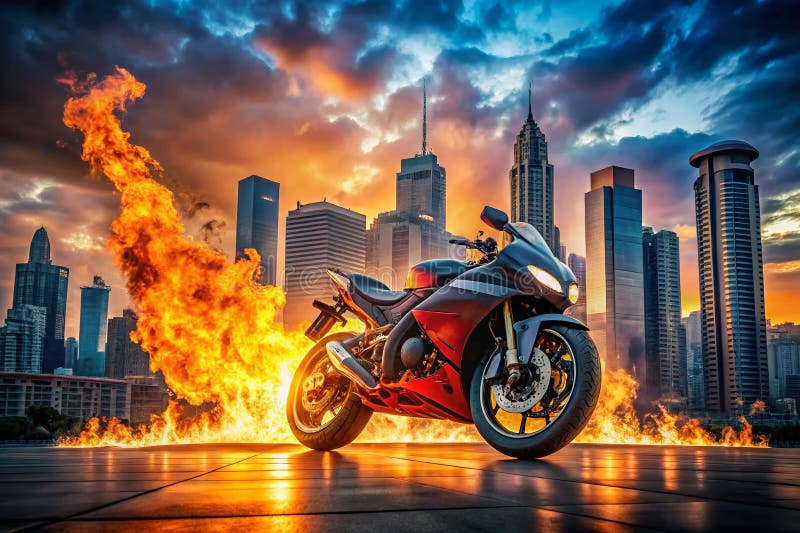 Urban Exploration Gone Wrong a Sportbike Ablaze Against a Dramatic Skyscraper Backdrop Capturing ...