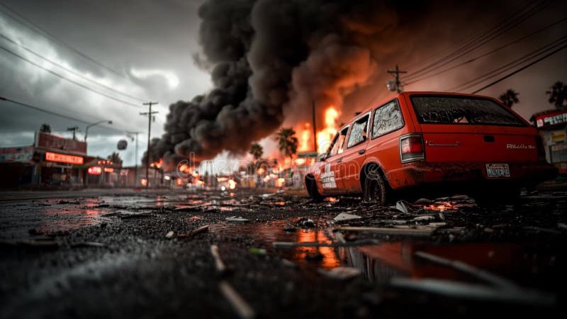Urban Fire Disaster with Heavy Smoke and Destruction, Concept of Global ...