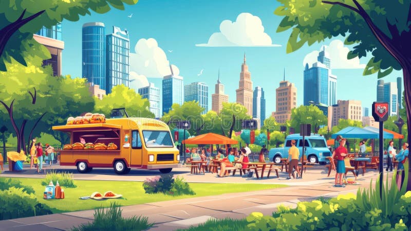 Urban Food Truck Park stock illustration. Illustration of gathering ...