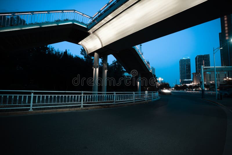 Urban Footbridge and Road Intersection of Night Scene Stock Photo ...