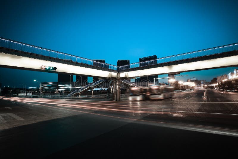 Urban Footbridge and Road Intersection of Night Scene Stock Image ...