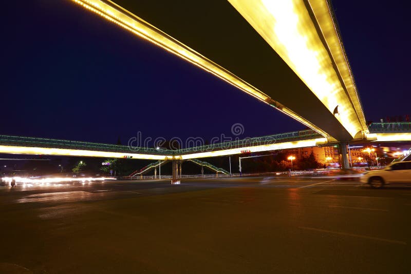 Urban Footbridge and Road Intersection of Night Scene Stock Image ...