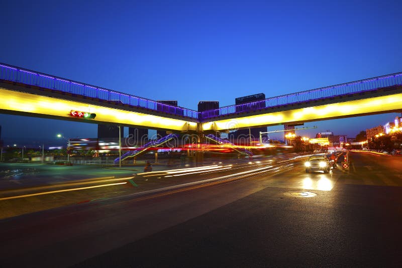 Urban Footbridge and Road Intersection of Night Scene Stock Image ...