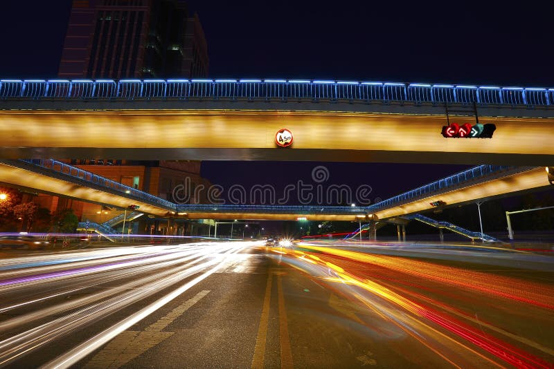 Urban Footbridge and Road Intersection of Night Scene Stock Photo ...