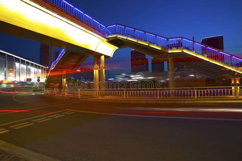 Urban Footbridge and Road Intersection of Night Scene Stock Image ...