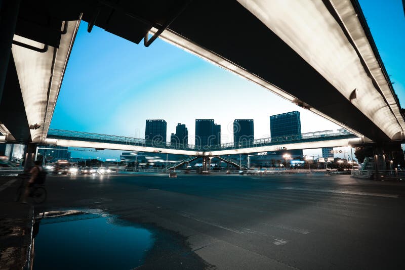 Urban Footbridge and Road Intersection of Night Scene Stock Photo ...