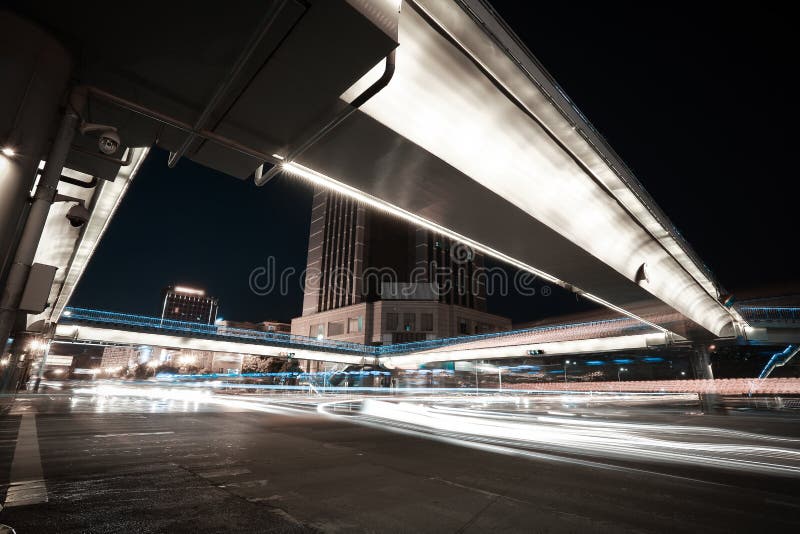 Urban Footbridge and Road Intersection of Night Scene Stock Image ...