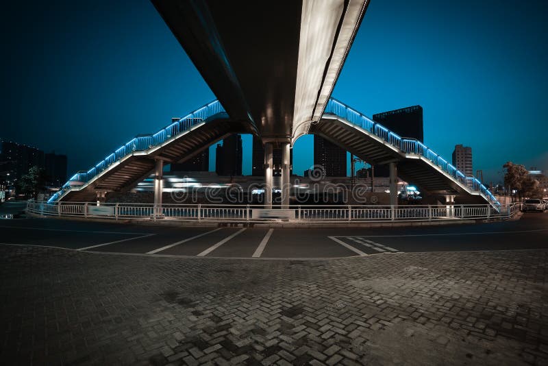 Urban Footbridge and Road Intersection of Night Scene Stock Photo ...