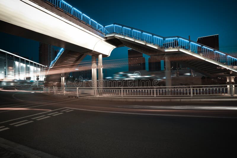 Urban Footbridge and Road Intersection of Night Scene Stock Image ...