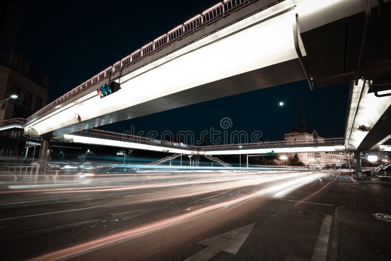 Urban Footbridge and Road Intersection of Night Scene Stock Image ...