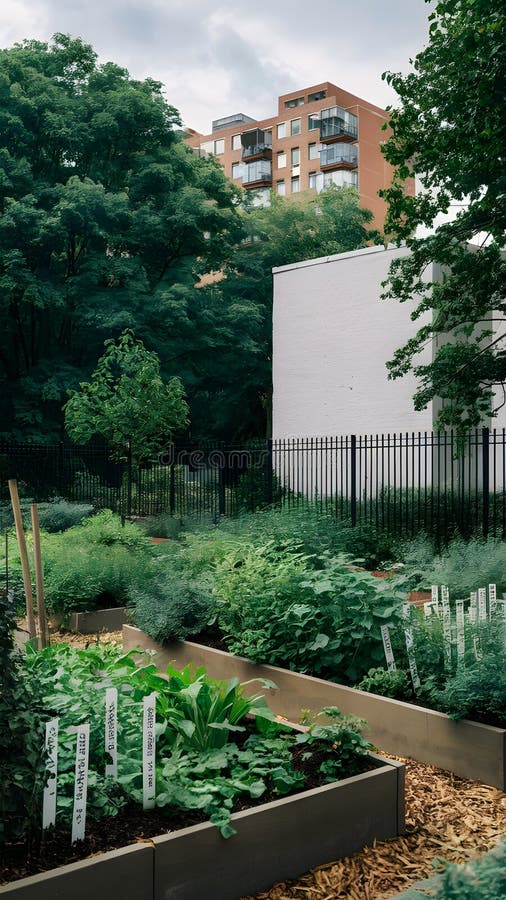 Urban Garden with Raised Beds, Plants, Labels, Trees, Building, and ... Urban Garden with Raised Beds, Plants, Labels, Trees, Building, and ...