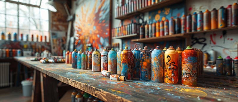 Urban Graffiti Art Studio with Spray Paint Cans Murals Stock Photo ...