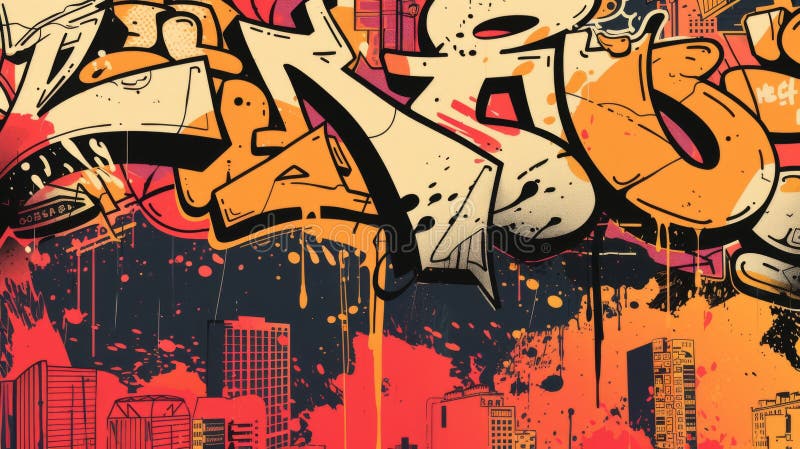 Urban Graffiti Art on Wall with Vibrant Cityscape Background Stock ...