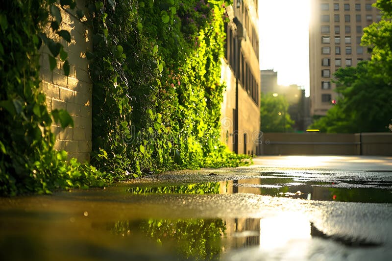 Urban Green Wall in Sunlit Cityscape with Reflections Stock Photo ...