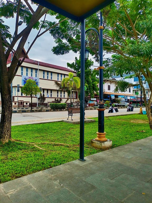 Urban Greenery with Lamp Post and Classic Bench by the Road Stock Photo ...