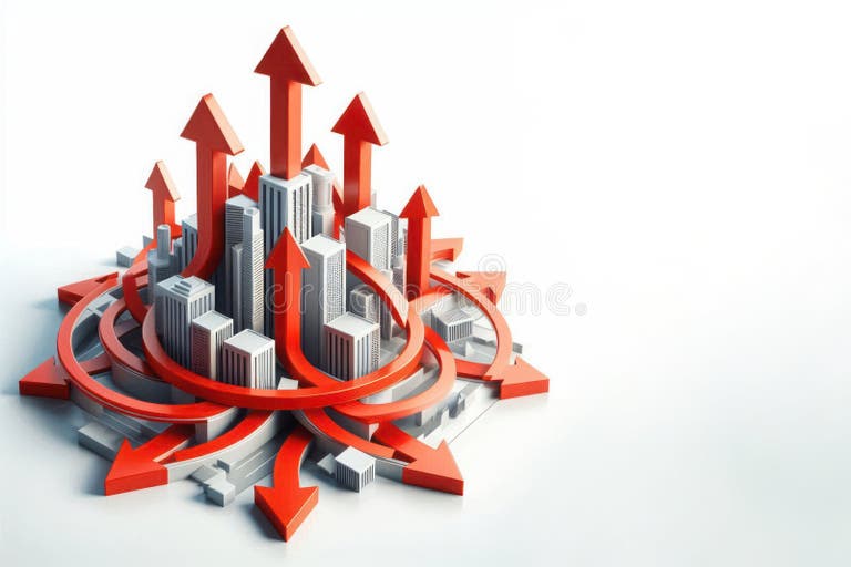 Urban Growth and Development with Red Up Arrows. Space for Text. Stock ...