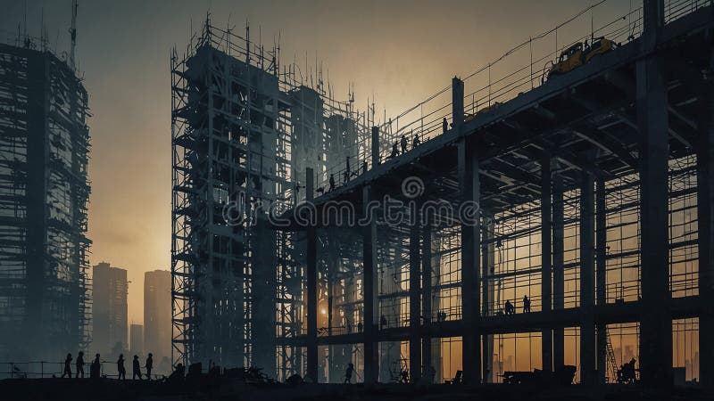 Urban High-Rise Development Site with Workers Stock Illustration ...