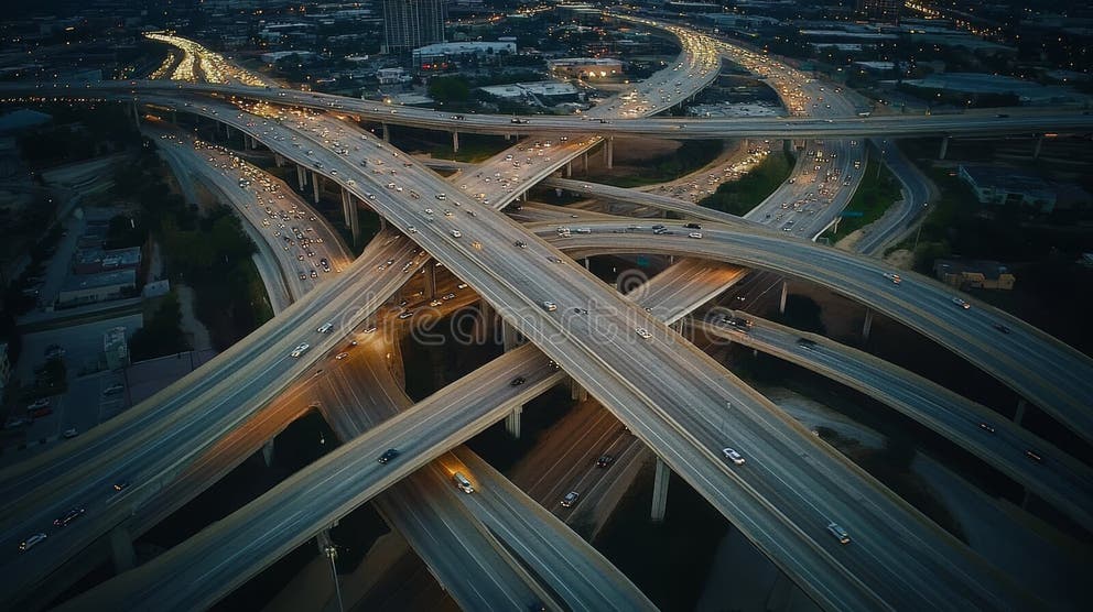 Urban Highway Interchange at Night, Elevated View of Traffic Flow ...