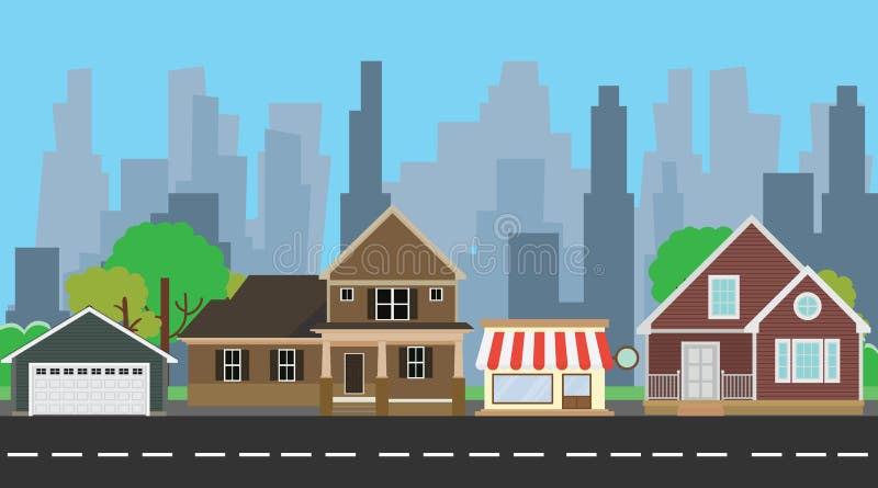 Urban House with Some Home beside Road Stock Vector - Illustration of ...