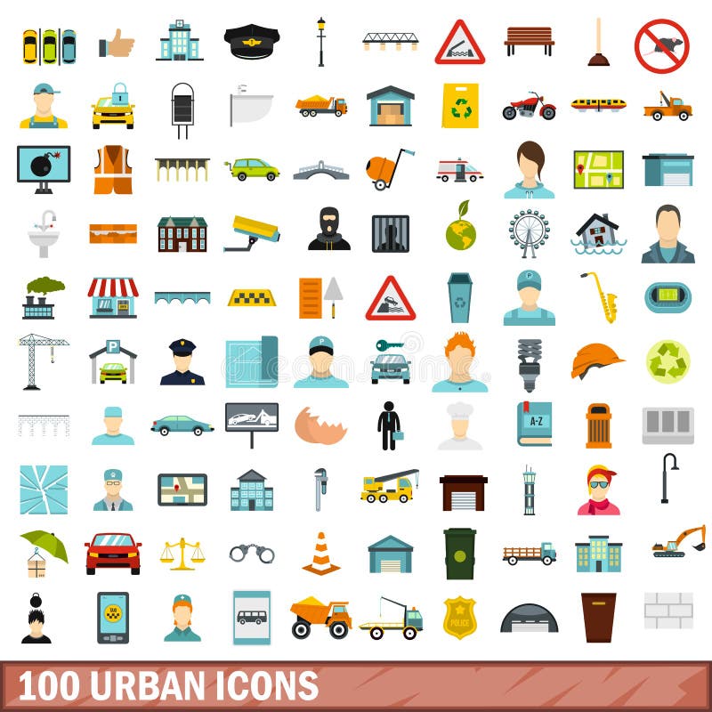 100 Urban Icons Set, Flat Style Stock Vector - Illustration of doctor ...