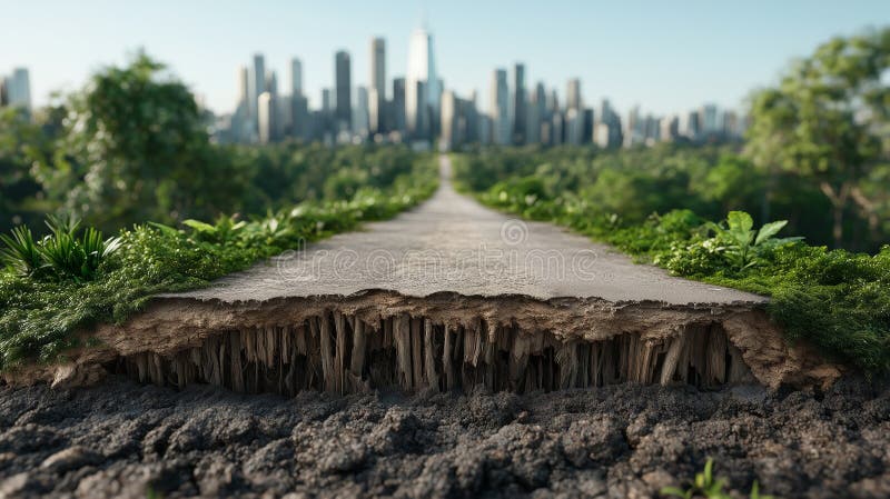 Urban Infrastructure Cross Section with City Road Layers and Skyline in ...