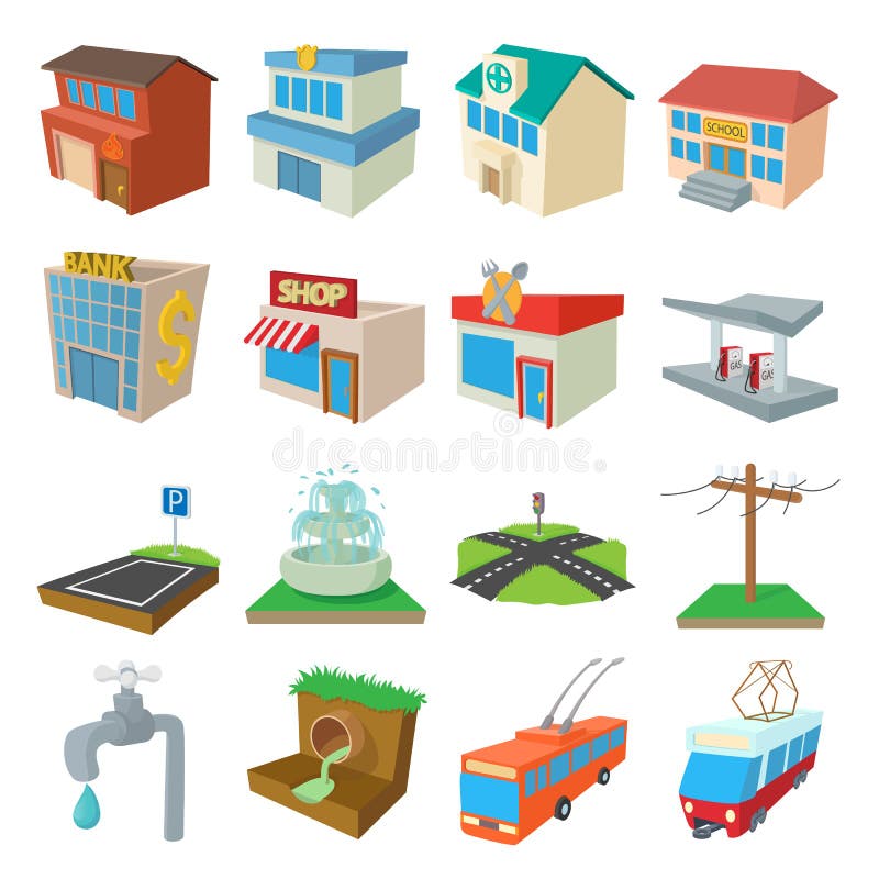 Urban Infrastructure Icons Set, Cartoon Style Stock Vector ...