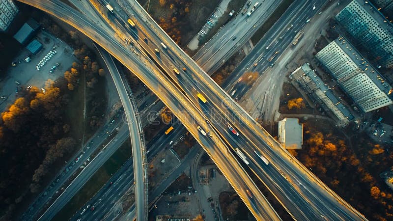Urban Interchange with Highways and Moving Traffic at Sunset Stock ...