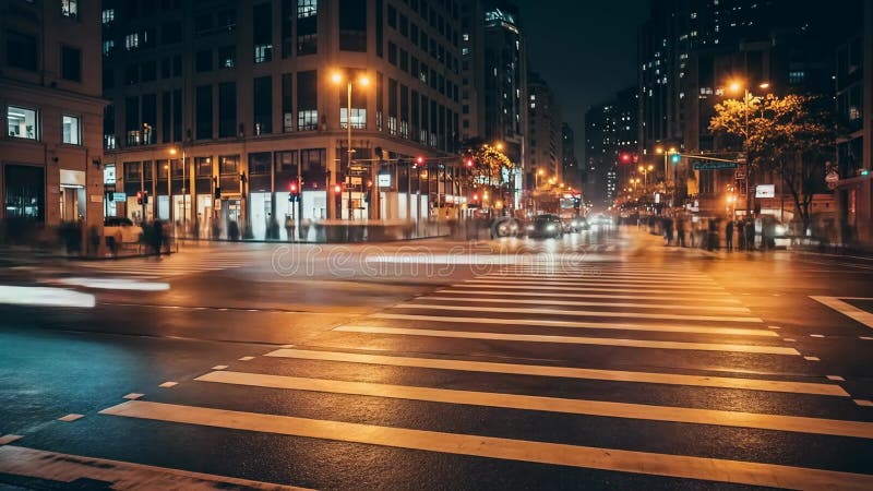Urban Intersection at Night with Blurred Traffic and City Lights Stock ...