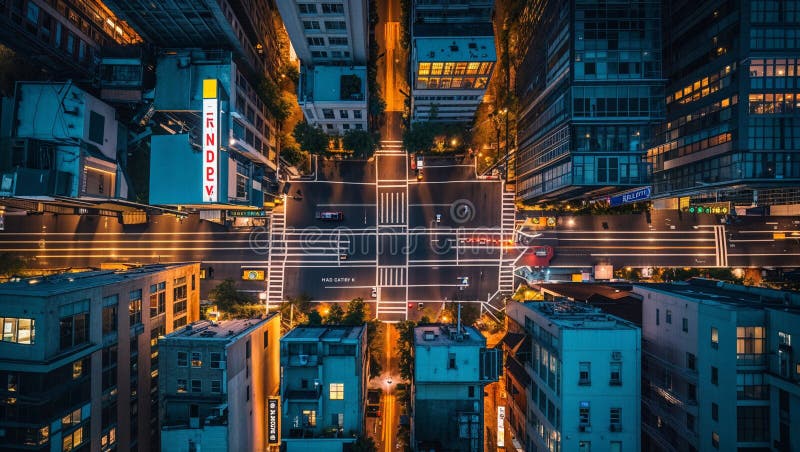 Urban Intersection Seen from Above with Glowing Signs and Tight ...