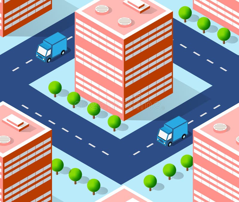 Urban Isometric Area with Building Trees Lawns Stock Vector ...