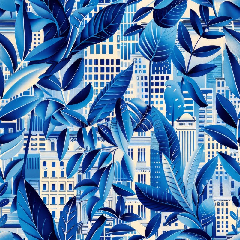Urban Jungle: Blue Toned Cityscape with Lush Foliage Patterns Stock ...