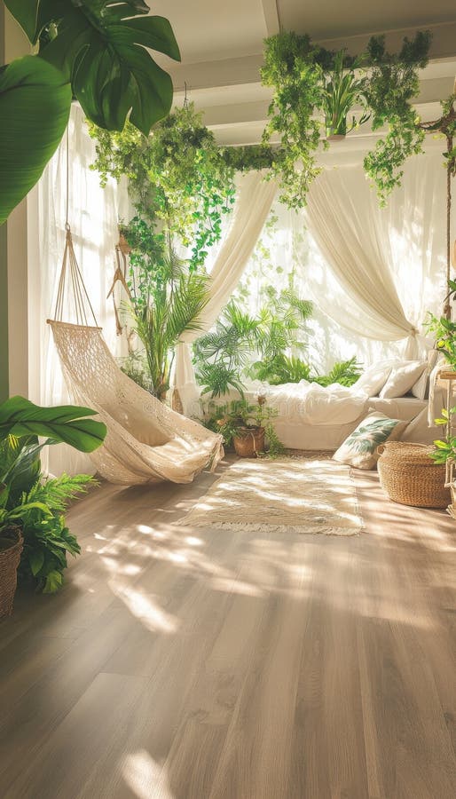 Urban Jungle Cozy Bedroom Interior with Plants, Hammock, and Sunlight ...