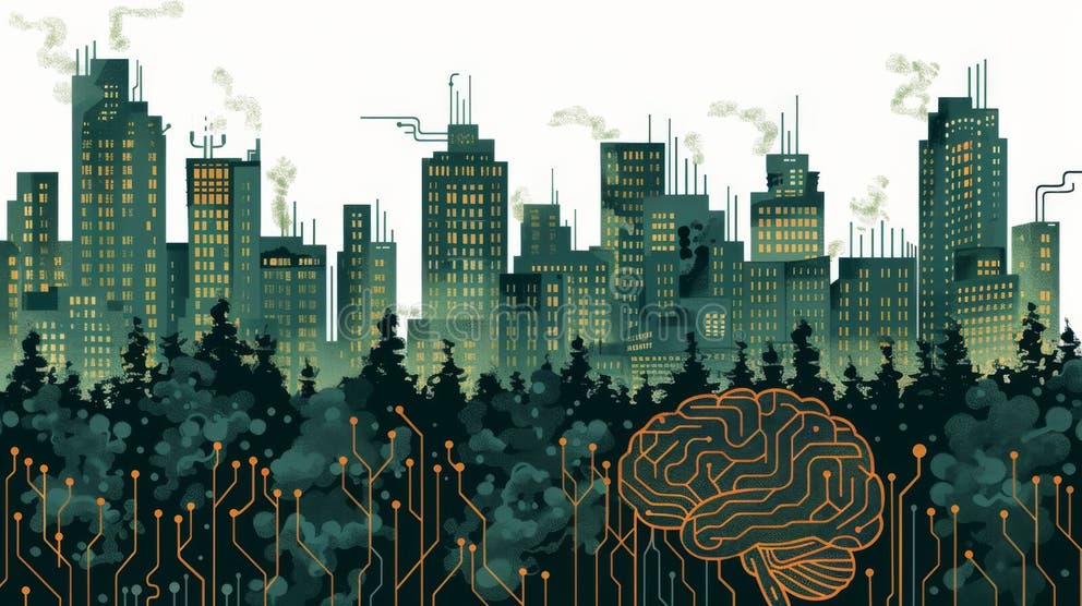 Urban Landscape with Abstract Brain and Technology Integration Stock ...