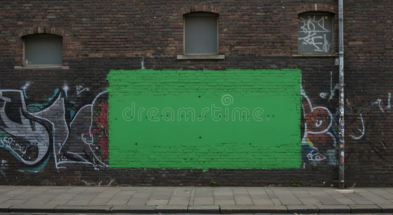 Urban Landscape: Brick Wall with Graffiti and Painted Green Rectangular ...